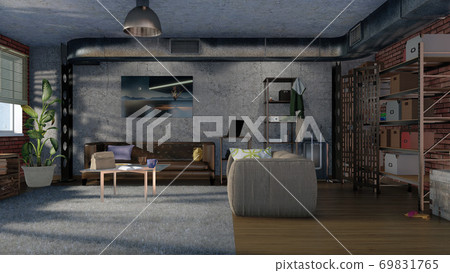 Living room interior in loft apartment 3D design - Stock Illustration ...
