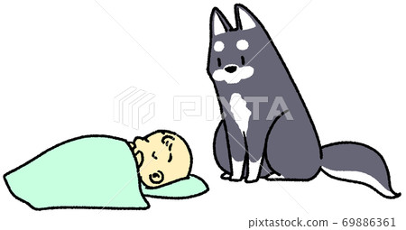 A sleeping baby and a pet dog watching over - Stock Illustration ...