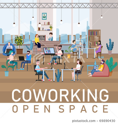 Coworking Space Office Interior People Talking... - Stock Illustration ...