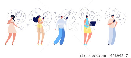 Creative people characters. Man woman holding... - Stock Illustration ...
