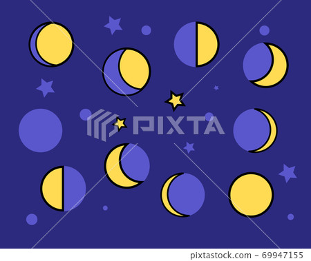 Yellow moon phases on a dark blue background-插圖素材 [69947155] - PIXTA圖庫