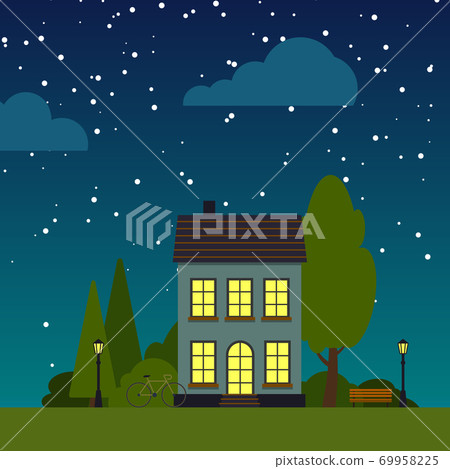 Night street house tree flat square vector single - Stock Illustration ...