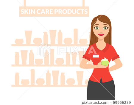 Skin Care Products, Female Cosmetic Seller... - Stock Illustration ...