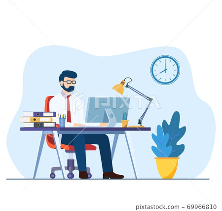 business man working on computer at the desk in... - Stock Illustration ...
