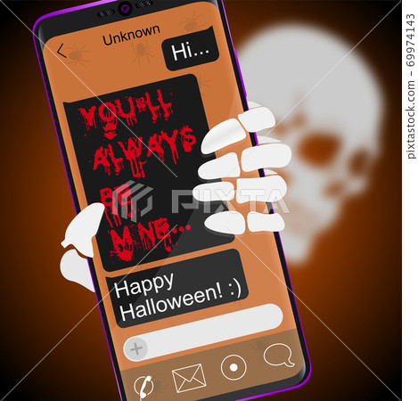 Phone with scary Halloween text. The skeleton... - Stock Illustration ...