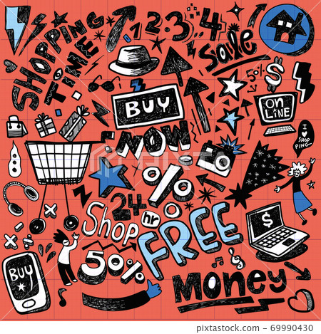 Hand drawn set of shopping doodles with... - Stock Illustration ...