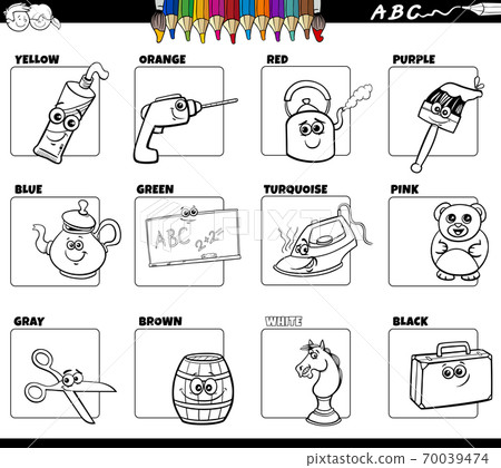 basic colors with objects set coloring book page - Stock Illustration ...