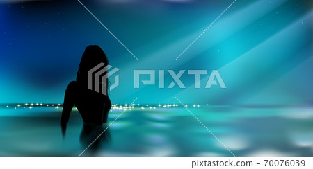 Seascape, woman in sea or ocean, night. Girl... - Stock Illustration ...