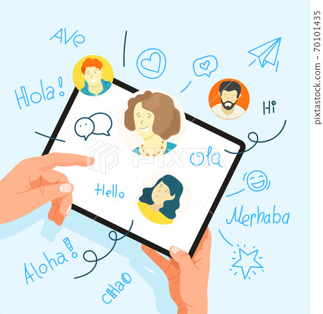 Human gesture using tablet computer. Say hello... - Stock Illustration ...