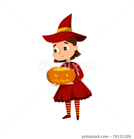 Little Witch Holding Pumpkin, Cute Girl Wearing... - Stock Illustration ...
