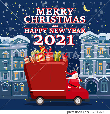 Santa Claus Van with text Merry Christmas and... - Stock Illustration ...