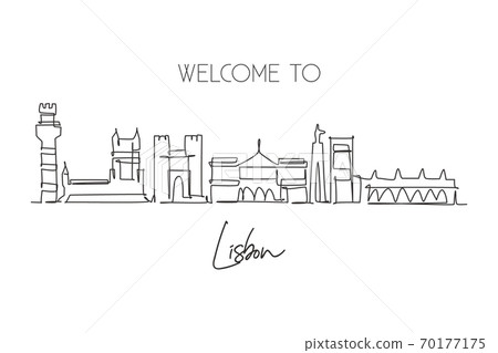 One single line drawing of Lisbon city skyline,... - Stock Illustration ...