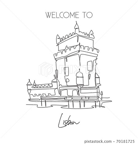 Single continuous line drawing Belem Tower... - Stock Illustration ...