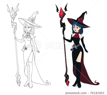 Beautiful cartoon witch holding big staff.... - Stock Illustration ...