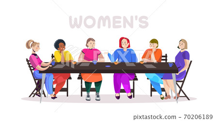 women discussing during meeting at round table... - Stock Illustration ...