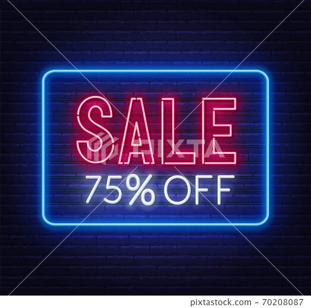 Sale 75 percent off neon sign on brick wall... - Stock Illustration ...