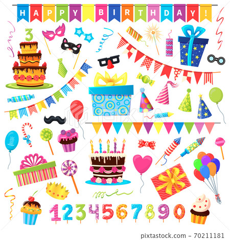 Birthday party objects vector illustration set,... - Stock Illustration ...