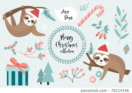 Cute sloth Merry christmas set. Collection of... - Stock Illustration ...