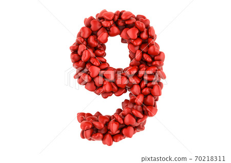 Number 9 from red hearts, 3D rendering - Stock Illustration [70218311 ...