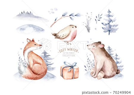 Watercolor winter forest animals deer with... - Stock Illustration ...