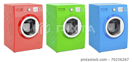 Colored Washing Machines, side view. 3D rendering - Stock Illustration ...