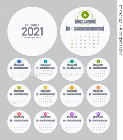 Round Calendar 2021 Design Week Starts on Sunday - Stock Illustration ...