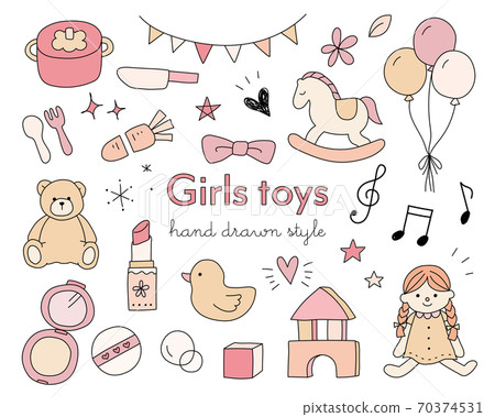 Set of hand-drawn illustrations of girls' toys... - Stock Illustration ...