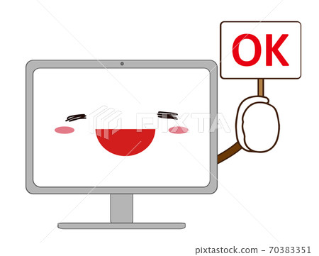 A computer with a smiling face that has an OK tag - Stock Illustration ...