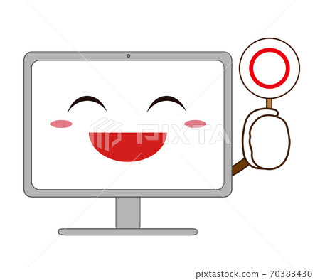 A computer with a smiling face holding a round tag - Stock Illustration ...