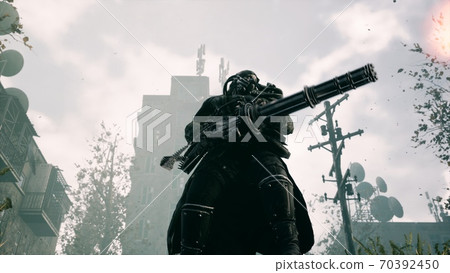 The last soldier of the Apocalypse fires a... - Stock Illustration ...