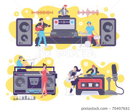 Music streaming covers set with tiny musicians... - Stock Illustration ...