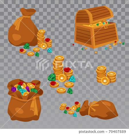 Set of gold treasures, coins and gems vector... - Stock Illustration ...