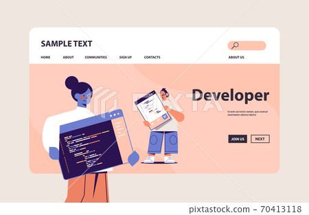 web developers couple creating program code... - Stock Illustration ...