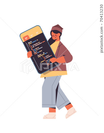 female web developer using smartphone creating... - Stock Illustration ...