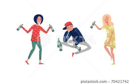 Smiling Drunk People Characters with Bottle of... - Stock Illustration ...