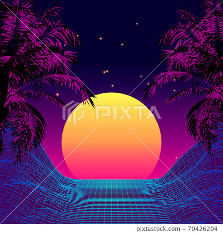 Retro 80s Style Tropical Sunset with Palm Tree. - Stock Illustration ...