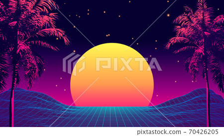 Retro 80s Style Tropical Sunset with Palm Tree. - Stock Illustration ...