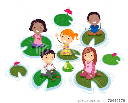 Stickman Kids Pond Sit Lily Pads Frog Illustration - Stock Illustration ...