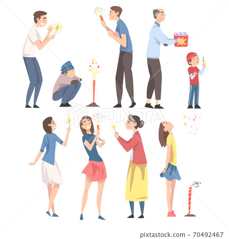 Happy People Launching Fireworks Set, People of... - Stock Illustration ...