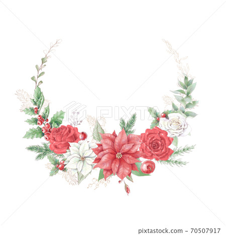 Watercolor Christmas wreath with poinsettia... - Stock Illustration ...