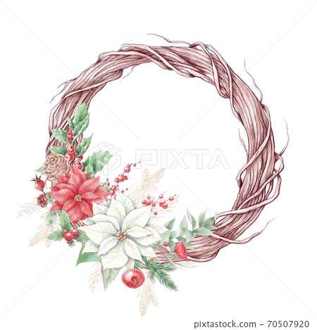 Watercolor Christmas wreath with poinsettia... - Stock Illustration ...