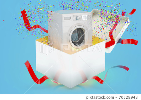 Modern washing machine inside gift box, 3D... - Stock Illustration ...