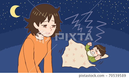 Baby crying at night, mother of postpartum... - Stock Illustration ...