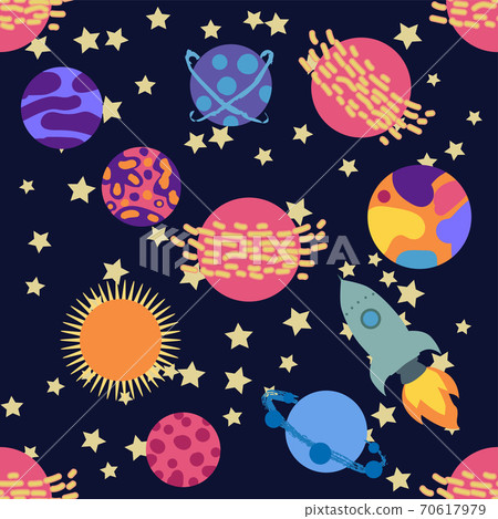 Seamless space pattern. Planets, rockets and... - Stock Illustration ...