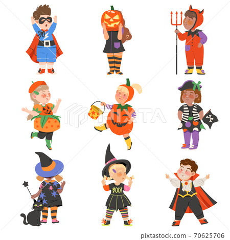 Cute Girl and Boys in Halloween Costumes Set,... - Stock Illustration ...