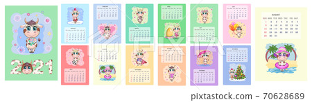 Calendar 2021. Cute bull and cow for every month - Stock Illustration ...