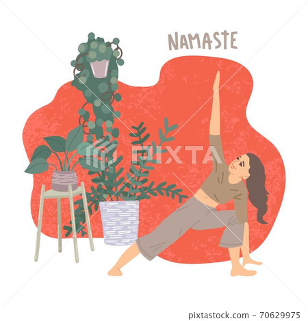 Woman stands in an asana, plants around, sports... - Stock Illustration ...