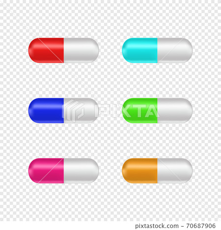 Capsules of different colors on a transparent... - Stock Illustration ...