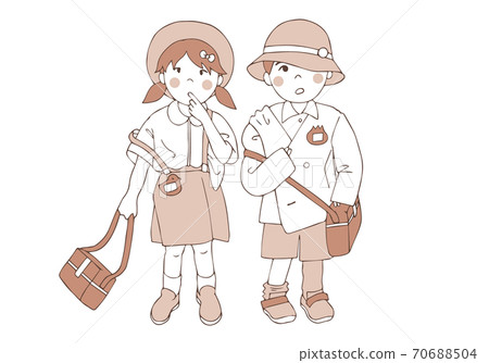 Children who cannot wear garden clothes properly - Stock Illustration ...