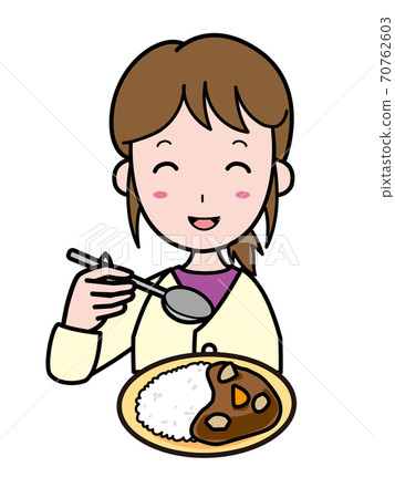 Young woman eating curry rice with a smile - Stock Illustration ...